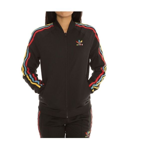 adidas | Jackets & Coats | Adidas Blackjacket With Multicolor Stripes ...
